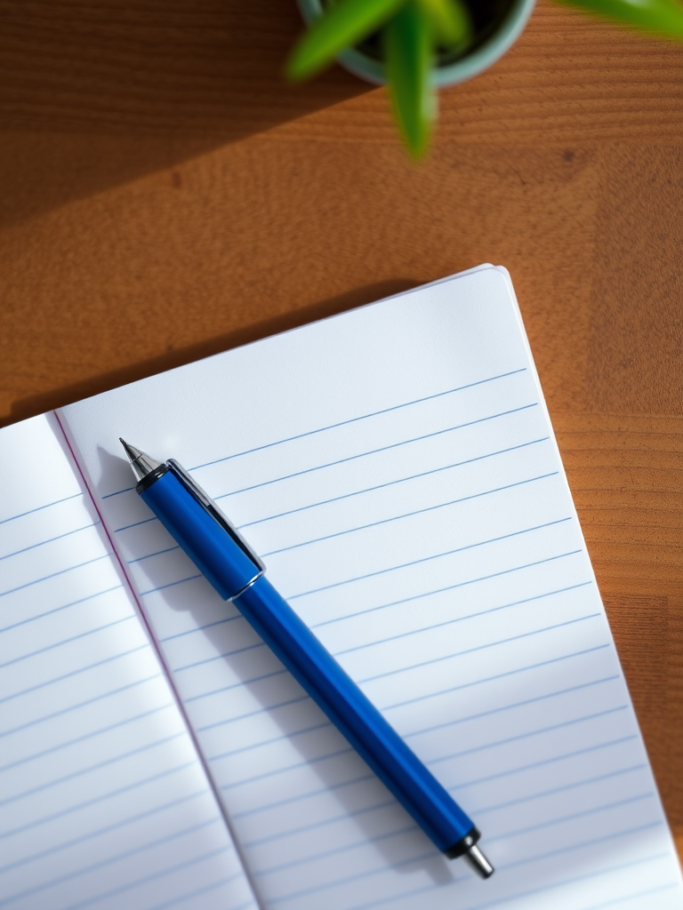 A Blue Pen Resting on a Blank Notebook Next to a Plant.
