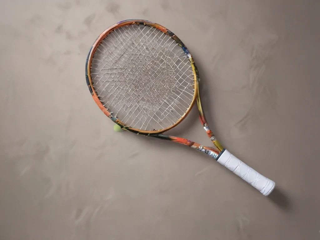 A Colorful Tennis Racket Resting on a Smooth, Neutral Background Surface.