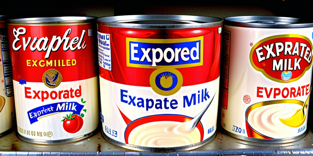 Colorful Cans of Evaporated Milk on a Grocery Store Shelf Display