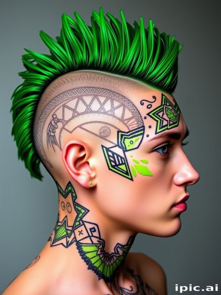 Vibrant Green Mohawk with Intricate Tattoos and Unique Hair Design