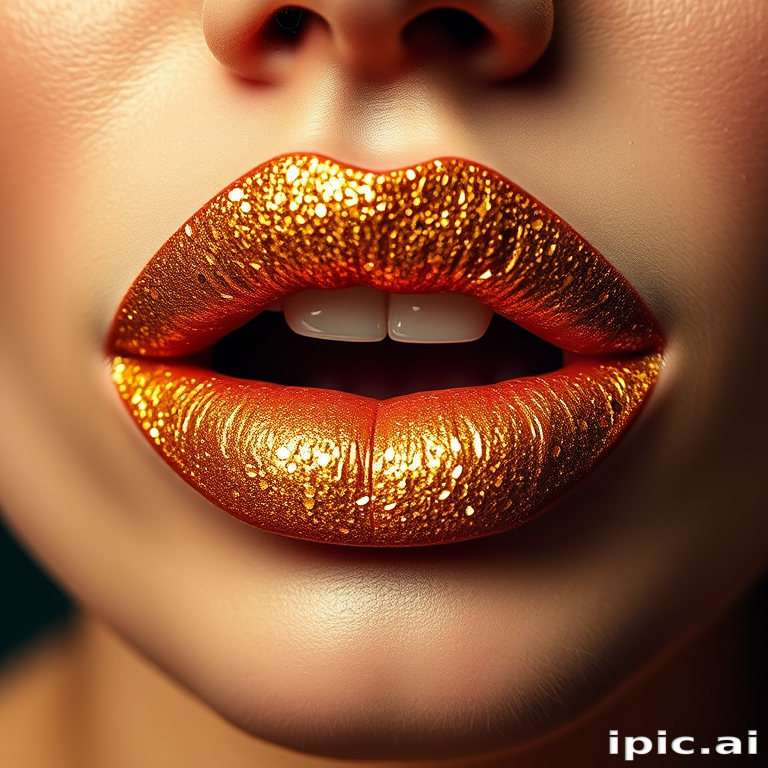 Close-Up of Glamorous Lips with Shimmering Golden Glitter Effect