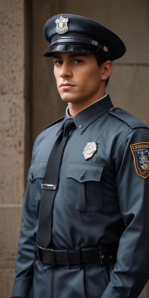 Confident Young Police Officer Standing Proudly in Uniform Against Wall