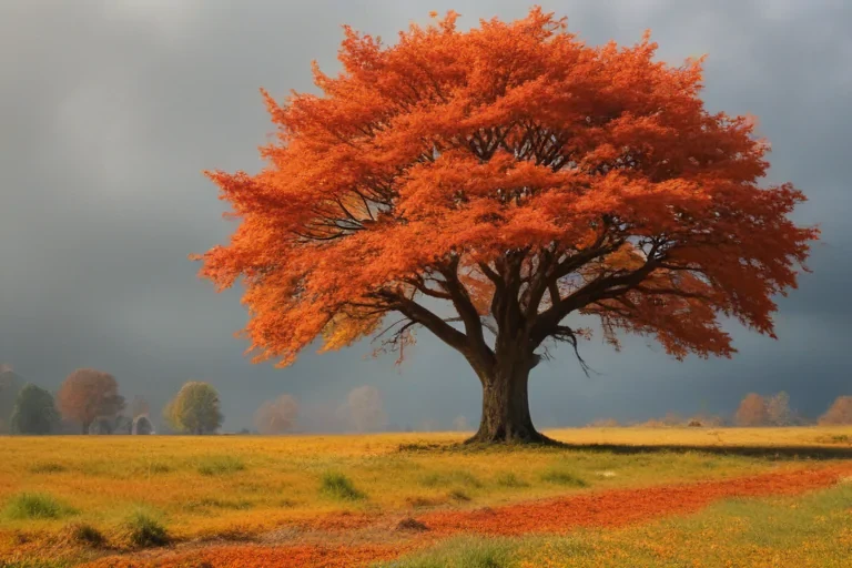 A Majestic Orange Tree Standing Alone in a Vibrant Autumn Landscape.
