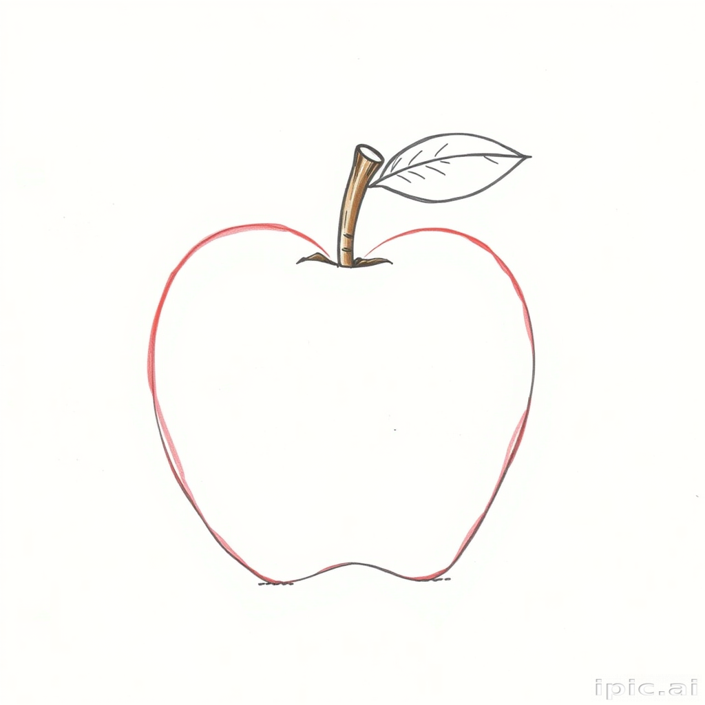 A Simple Hand-Drawn Illustration of a Red Apple with a Leaf