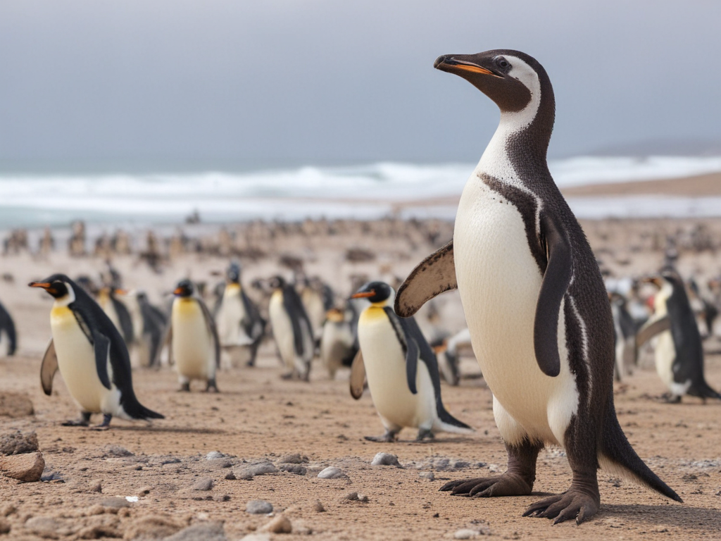Dinosaurs roaming alongside penguins