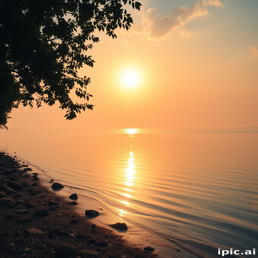 Tranquil Sunset Over Calm Waters with Silhouetted Tree and Shimmering ...