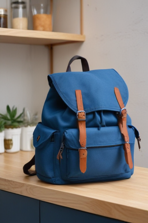 blue backpack on counter