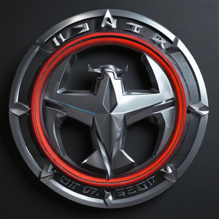 Stylized Metallic Emblem Featuring a Bold Red and Silver Design