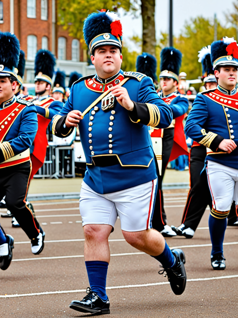 a slightly chubbier man in a marching band marching with high knee lifts