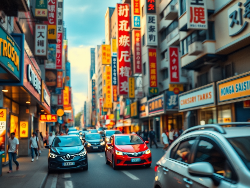 Busy Urban Street Scene Filled with Colorful Signs and Traffic Flowing