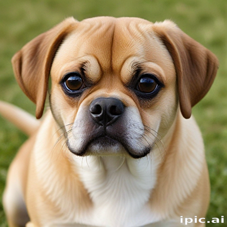 A Cute Pug and Beagle Mix Dog Sitting on Green Grass.