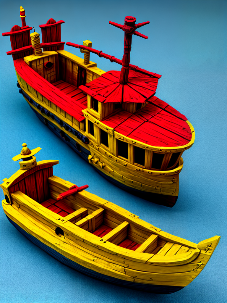 create a red and yellow pirate ship with realistic features and aged ...
