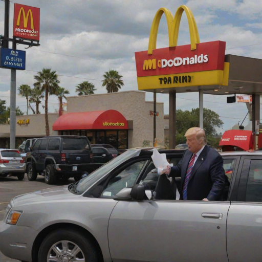 Two Versions of Donald Trump at a Fast Food Drive-Thru Promotion