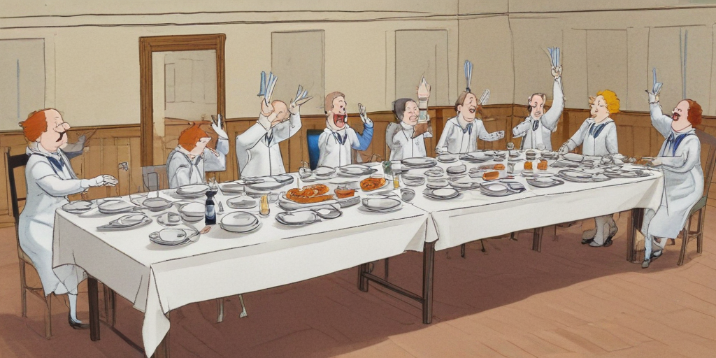 cutlery, plates and cups dancing on a big table cartoon