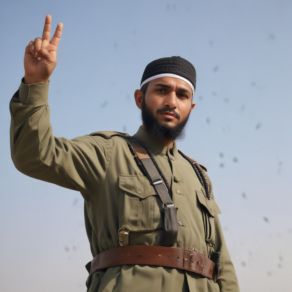 A Muslim man raises his index finger to the sky, wears soldiers ...