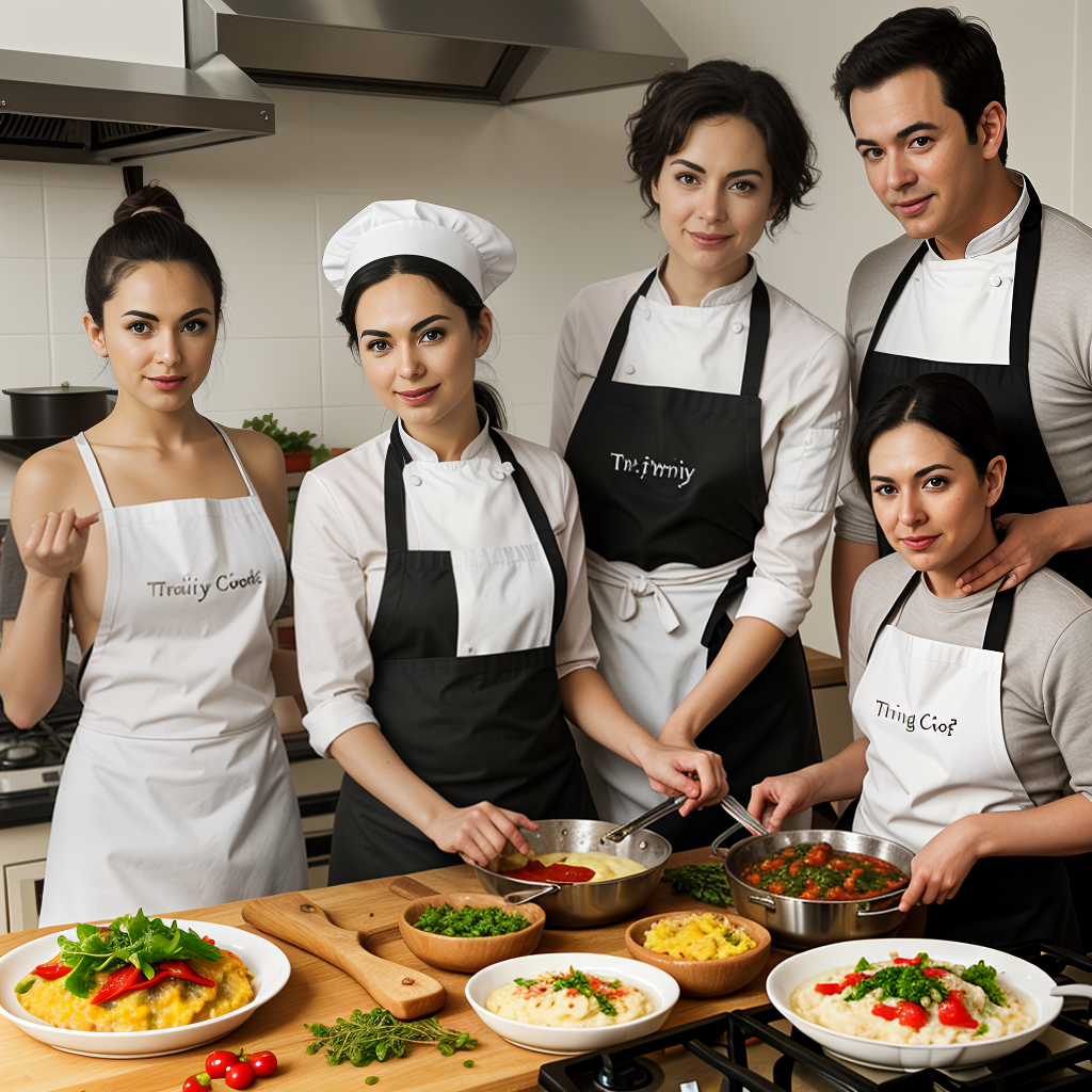 Group of Chefs Preparing Delicious Dishes in a Vibrant Kitchen Setting