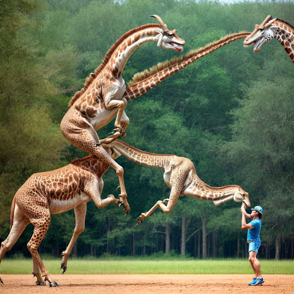 a tyrannosaurus rex fighting a giraffe