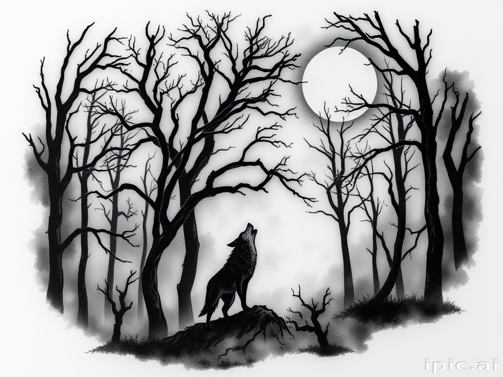 A Lone Wolf Howls Under a Full Moon in a Dark Forest.