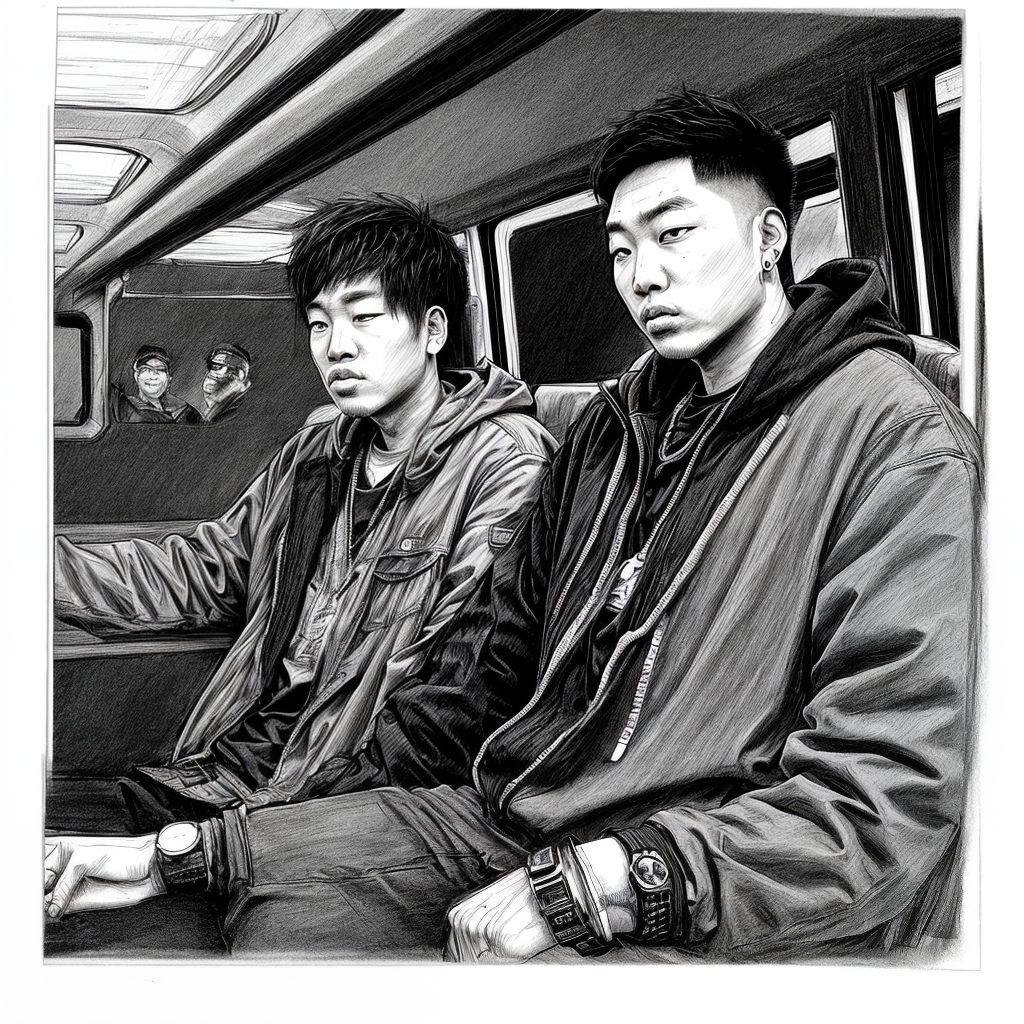 ASIAN HIP HOP RAPPER INSIDE THE BUS. COMIC BOOK. SKETCH STYLE. BLACK ...