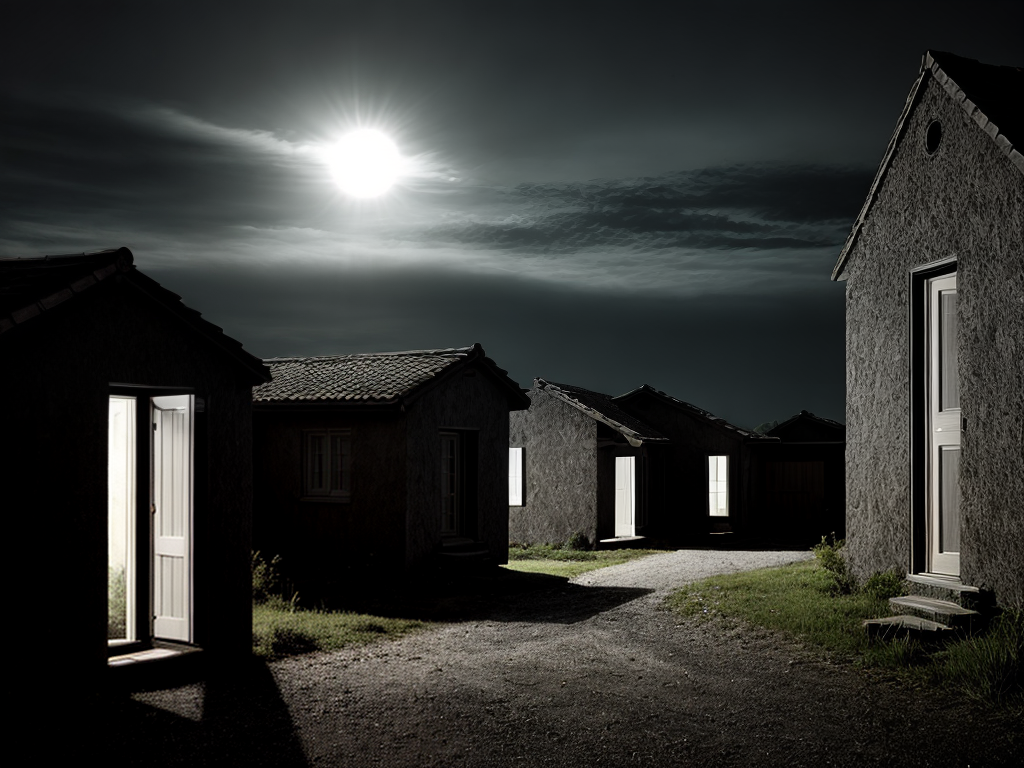 Open door, dark, sun, obscure landscape, houses, night