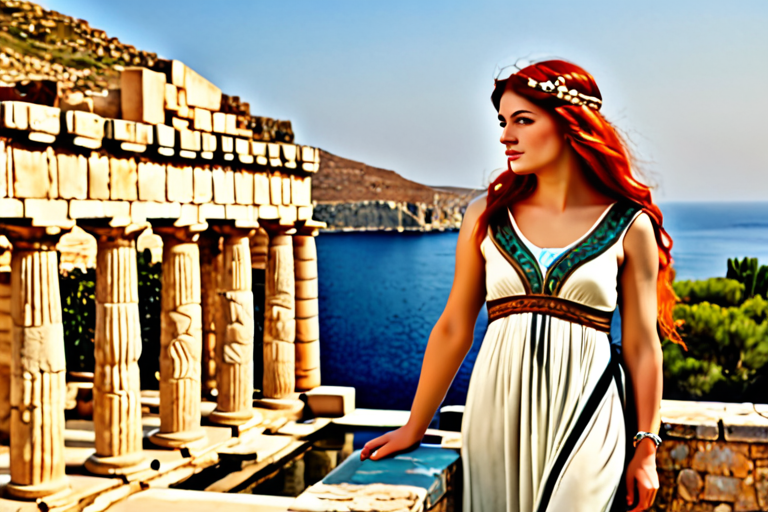 an ancient Greek princess with red hair in her Minoan palace by the sea