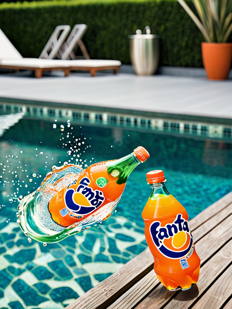 A bottle of Fanta taking a dive into a pool