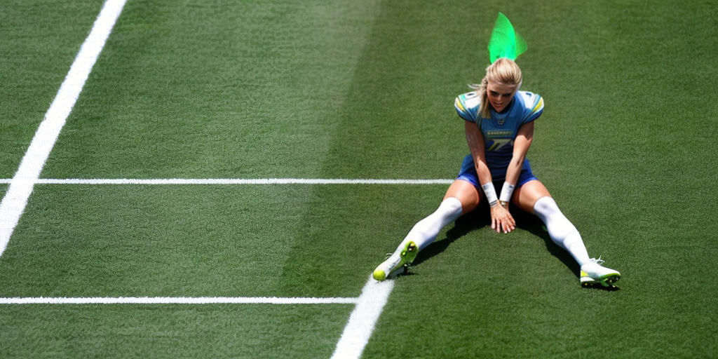 Tinkerbell in Las Angeles Chargers uniform on football field
