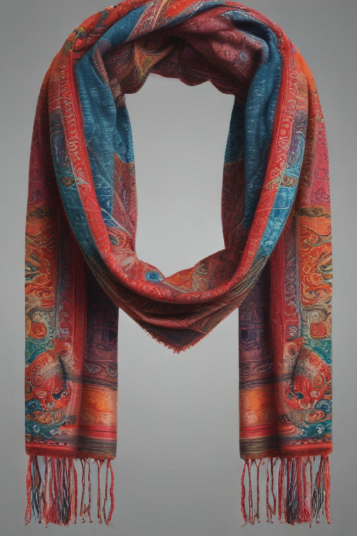 Vibrant Multi-Colored Scarf with Intricate Patterns and Elegant Fringes