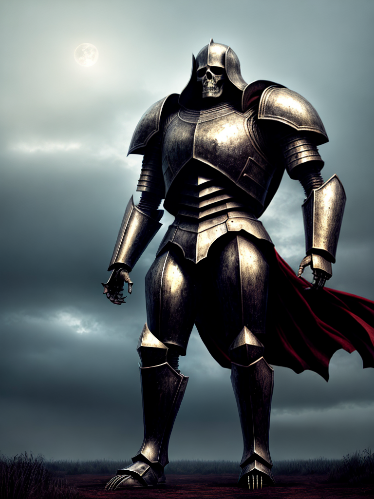 Giant gloomy skeleton with robust and colossal medieval armor on dark ...