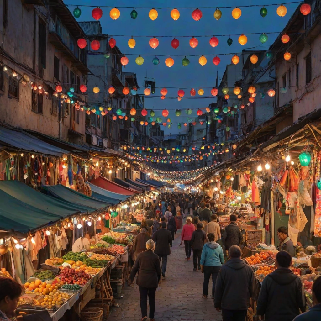 A Vibrant Evening Market Scene Filled with Colorful Lanterns and Fresh ...