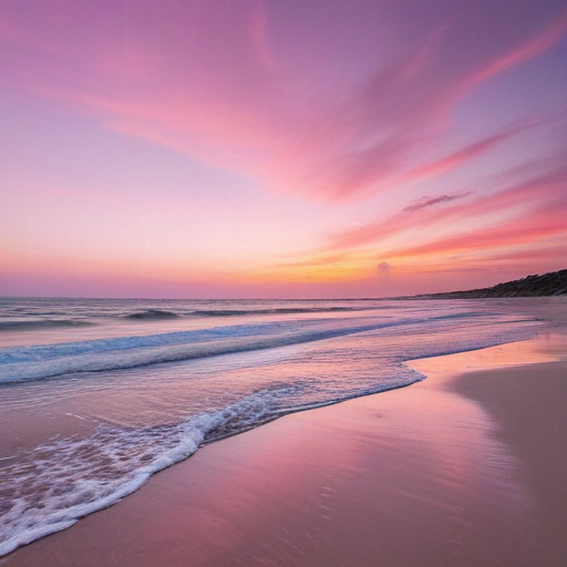 Tranquil Sunset Over Calm Ocean Waves and Serene Sandy Beach