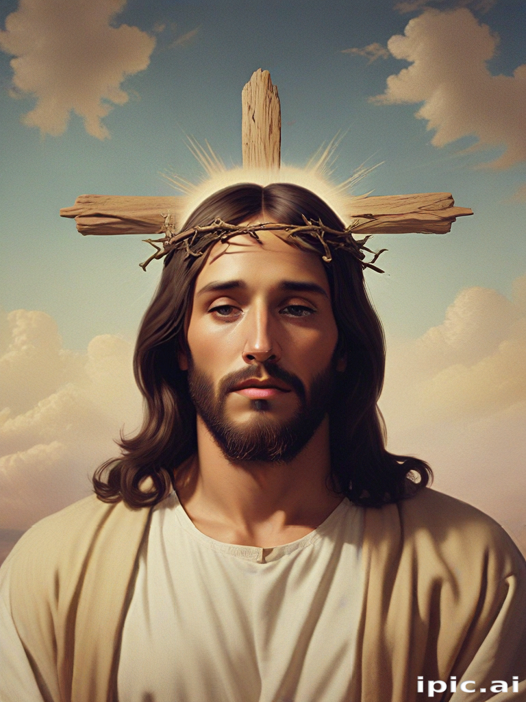 Divine Portrait of Jesus with Crown of Thorns and Cross
