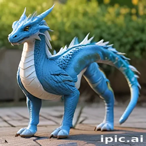 A Majestic Blue Dragon Figurine Standing Gracefully in a Garden Setting.
