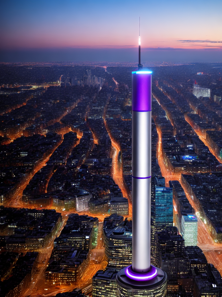 giant microphone towering over the city at night