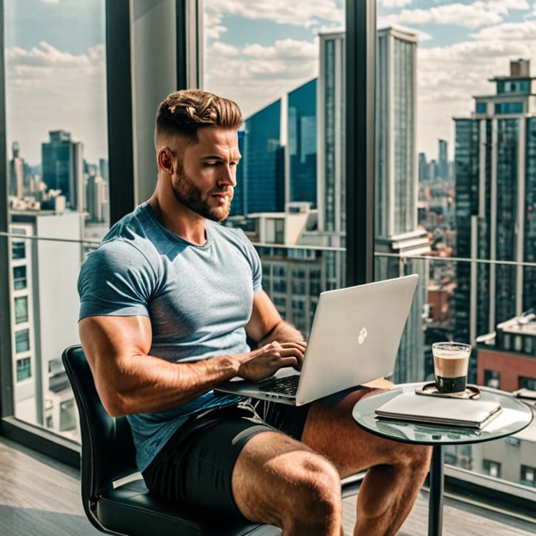 a man sitting and working on a laptop with his muscular body showing ...