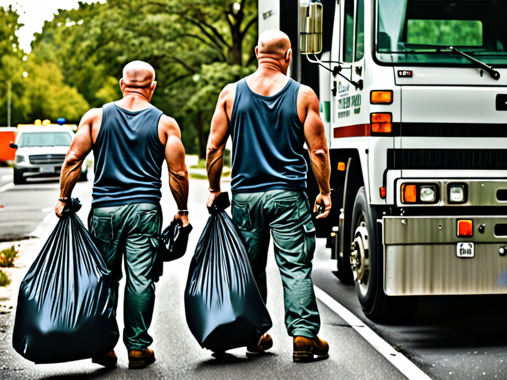 realistic handsome bald older muscular garbagemen from behind carrying ...