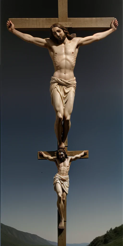 Depiction of Christ on the Cross with a Serene Landscape Background