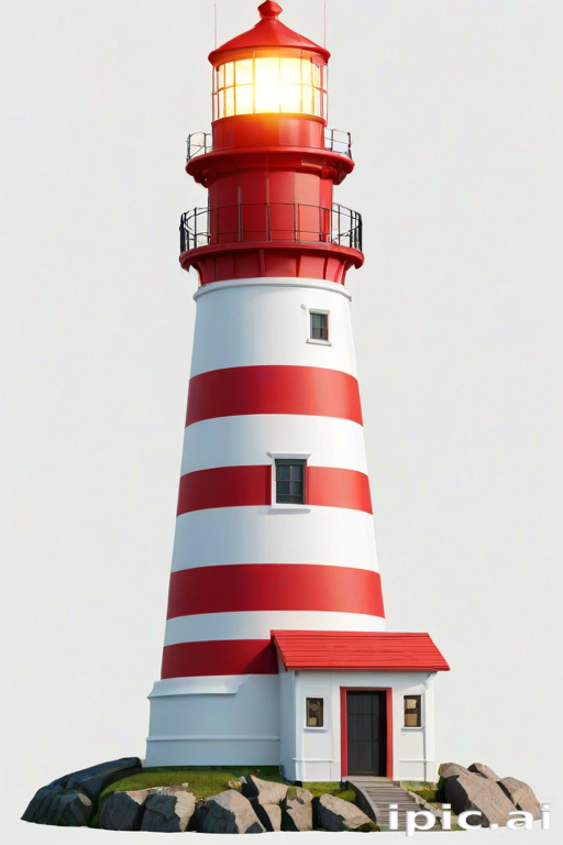 A Vibrant Red and White Striped Lighthouse Standing Tall on Rocky Shoreline