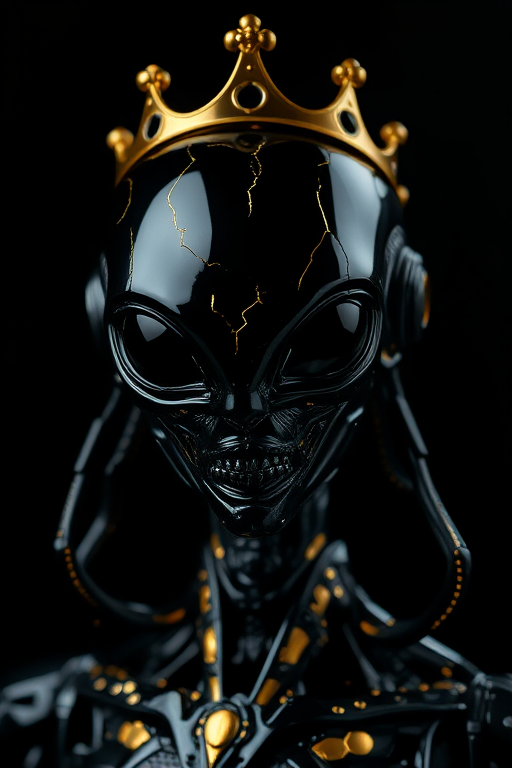 Majestic Alien Robot with a Golden Crown Against a Dark Background