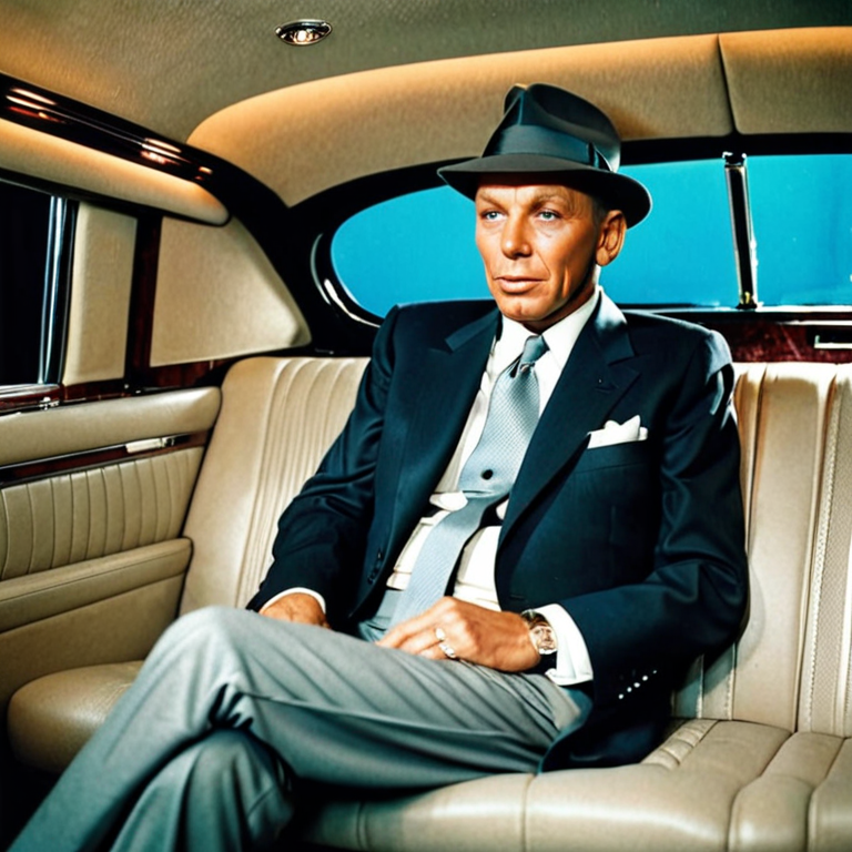Frank Sinatra sitting in the back of a limousine looking at the floor ...