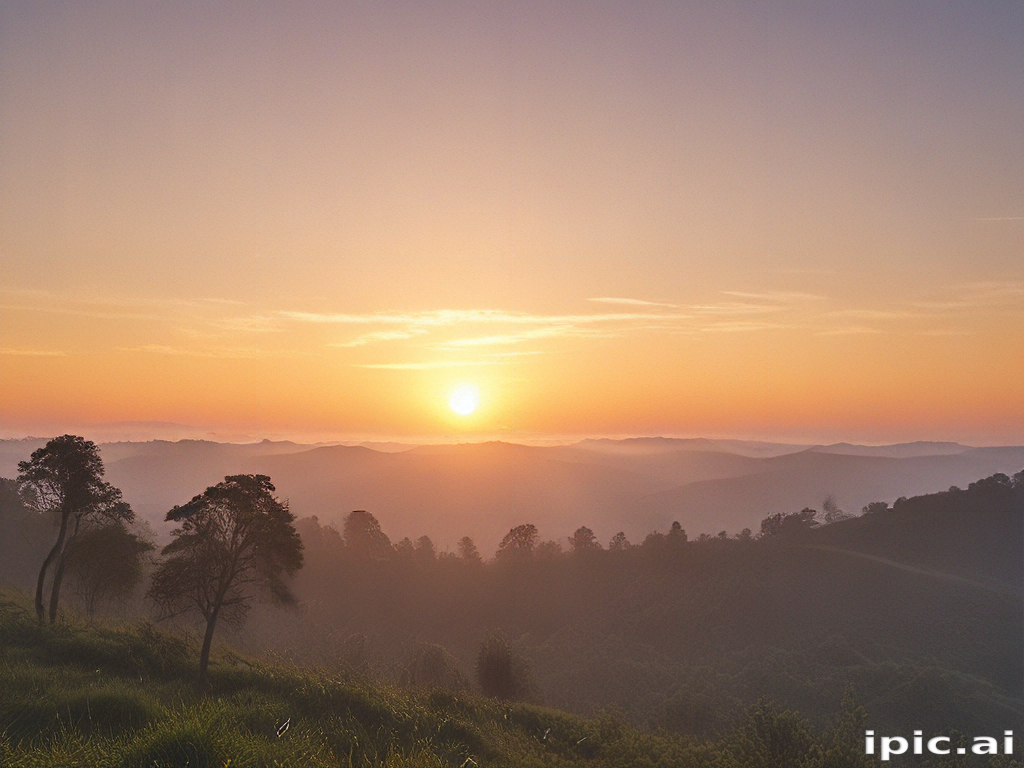Serene Sunrise Over Rolling Hills with Silhouetted Trees in the Distance
