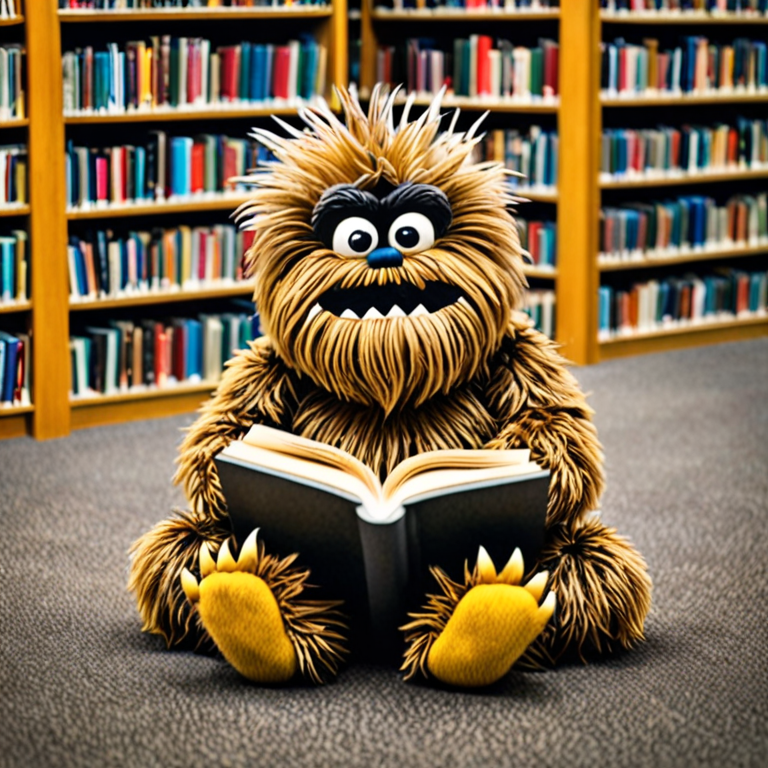 hairy monster reading a book on the floor in a library