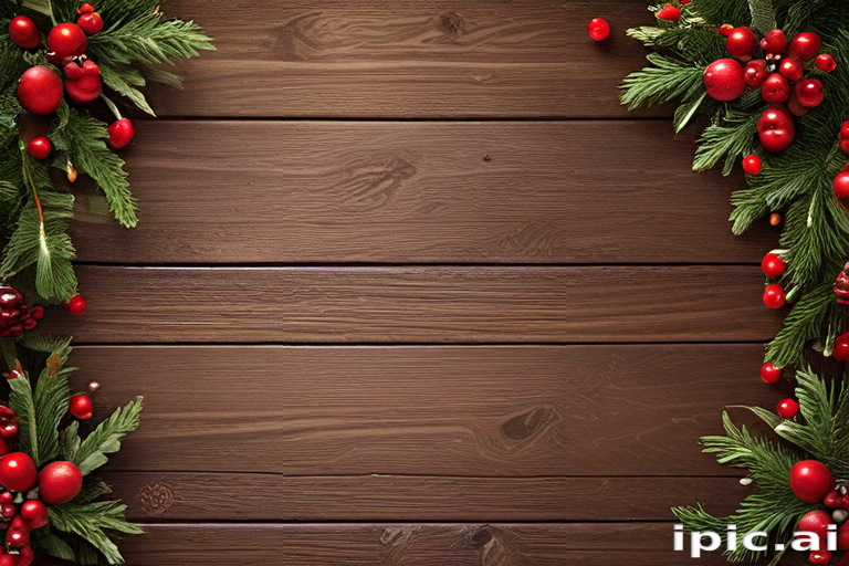 Festive Holiday Background with Greenery and Red Berries on Wood