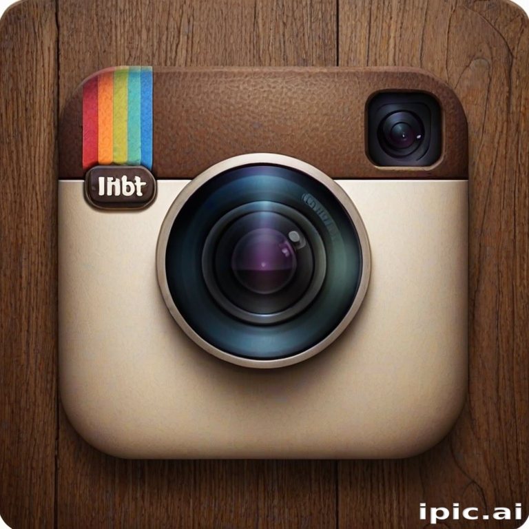 Stylized Instagram Logo Featuring Camera Lens on Wooden Background Design