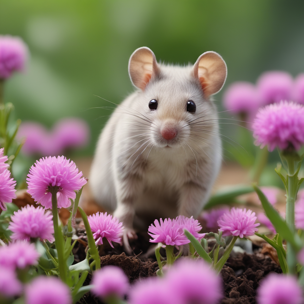 cute mouse looking to up standing up to smell flower