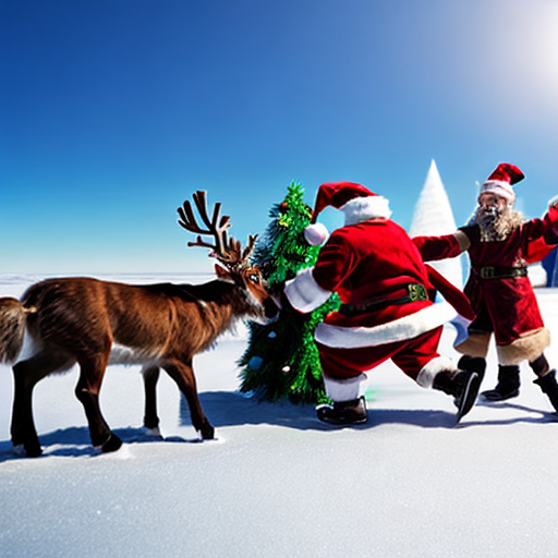santa doing exercise with with elves and reindeer in north pole