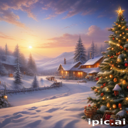 Charming Winter Landscape Featuring a Cozy Cabin and Festive Christmas Tree