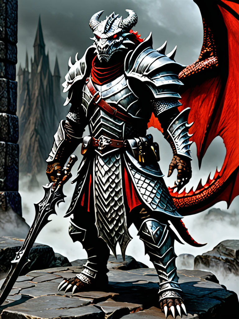 Dragonborn warlock with white scales and a red scar