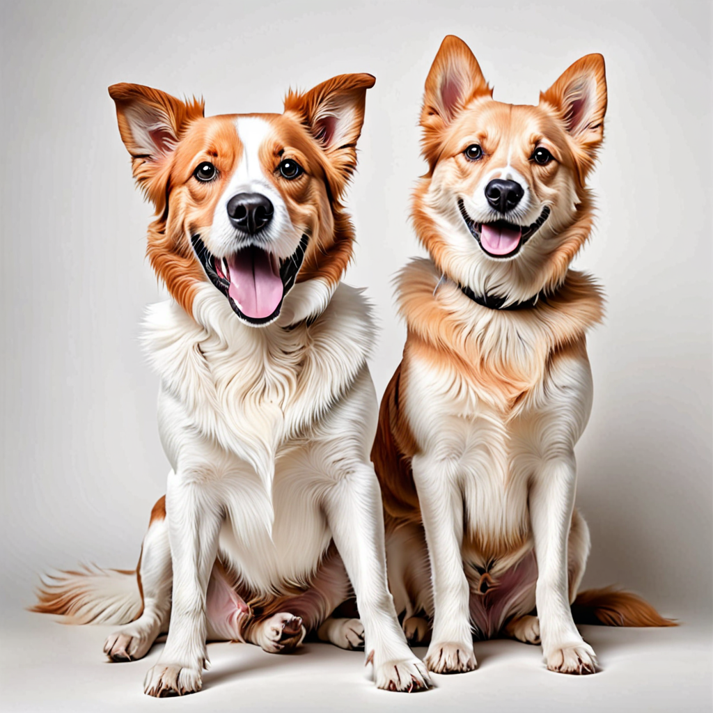 happy cute, 2 dogs, playing, white background, realistic graphic design ...