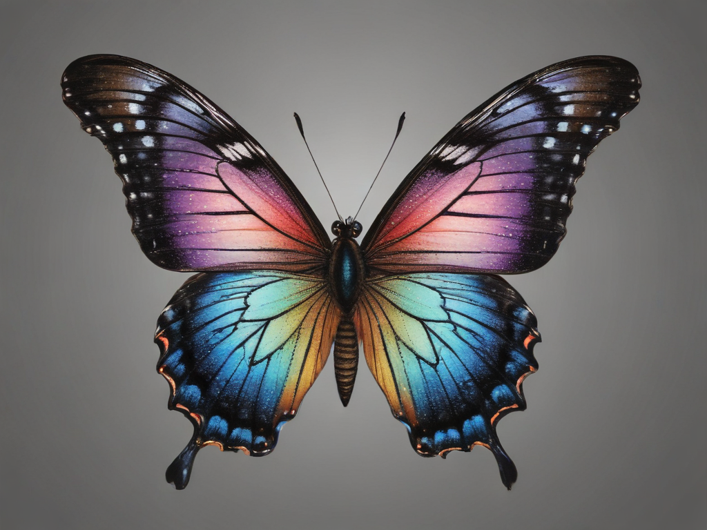 A Vibrant Butterfly Displaying a Spectrum of Colors Against a Gray ...
